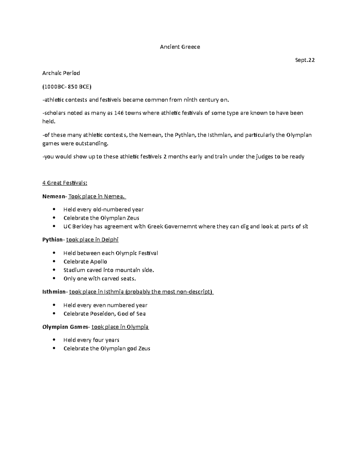 Ancient Greece - Lecture notes, lecture 1 - Ancient Greece Sept Archaic ...