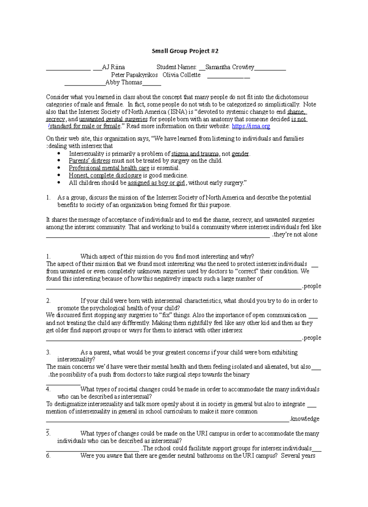 Recitation 6 - Small Group Project 2 - Small Group Project _________AJ Riina Student Names ...