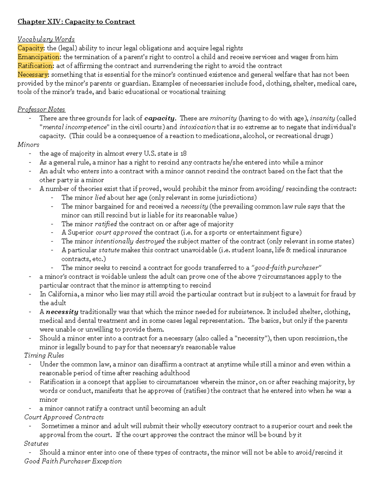 BUS05 Chapter 14 Capacity to Contract - Chapter XIV: Capacity to ...