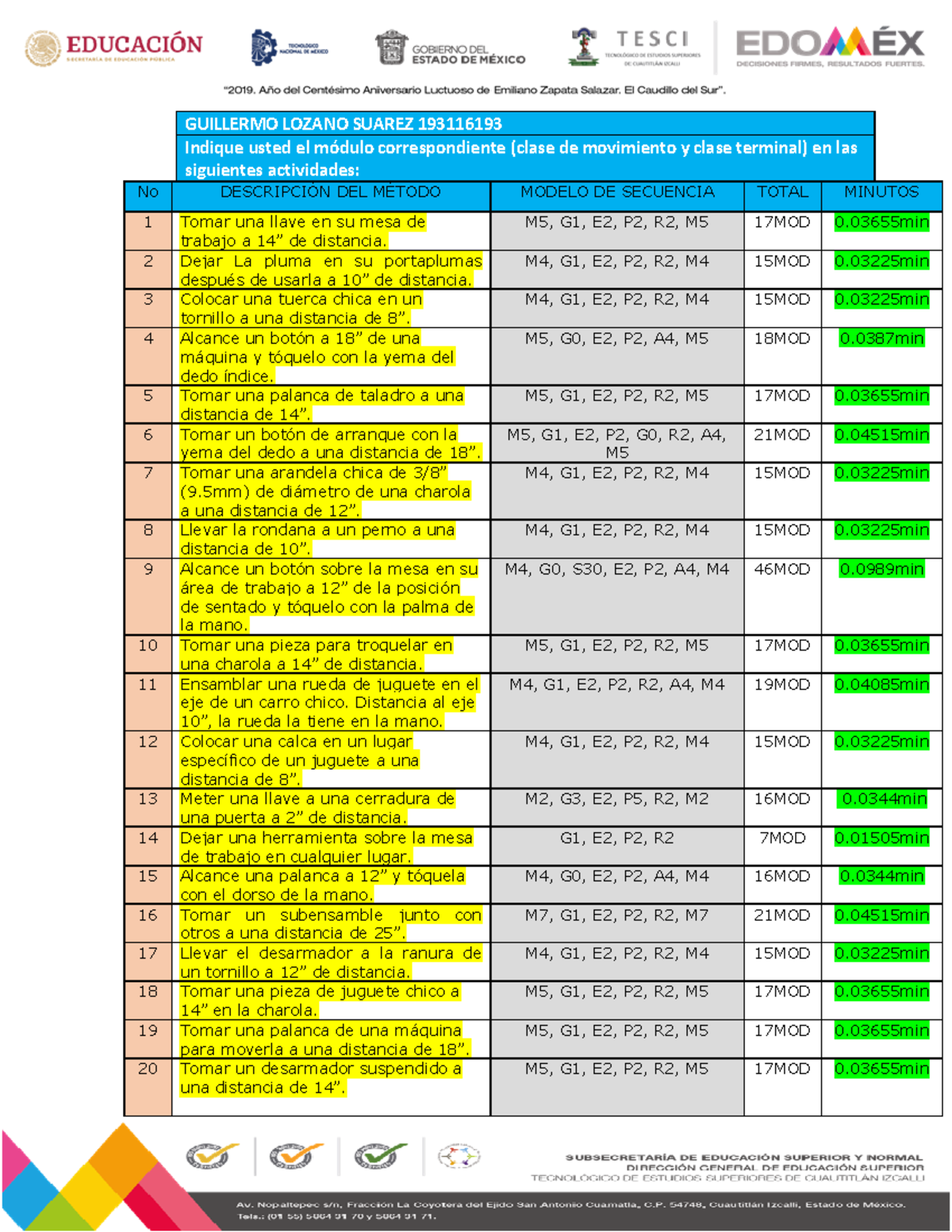 25 Ejercicios Modapts Guillermo - GUILLERMO LOZANO SUAREZ 193116193 ...