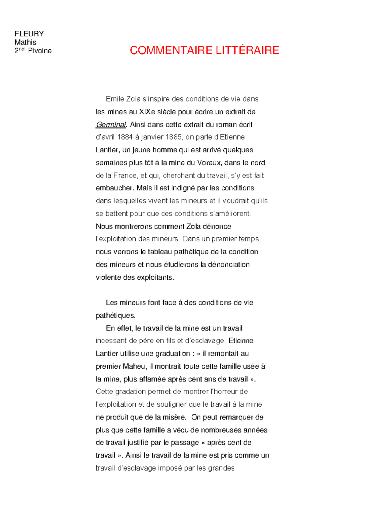 Commentaire Littéraire exemple - COMMENTAIRE LITTÉRAIRE Emile Zola s’inspire des conditions de ...