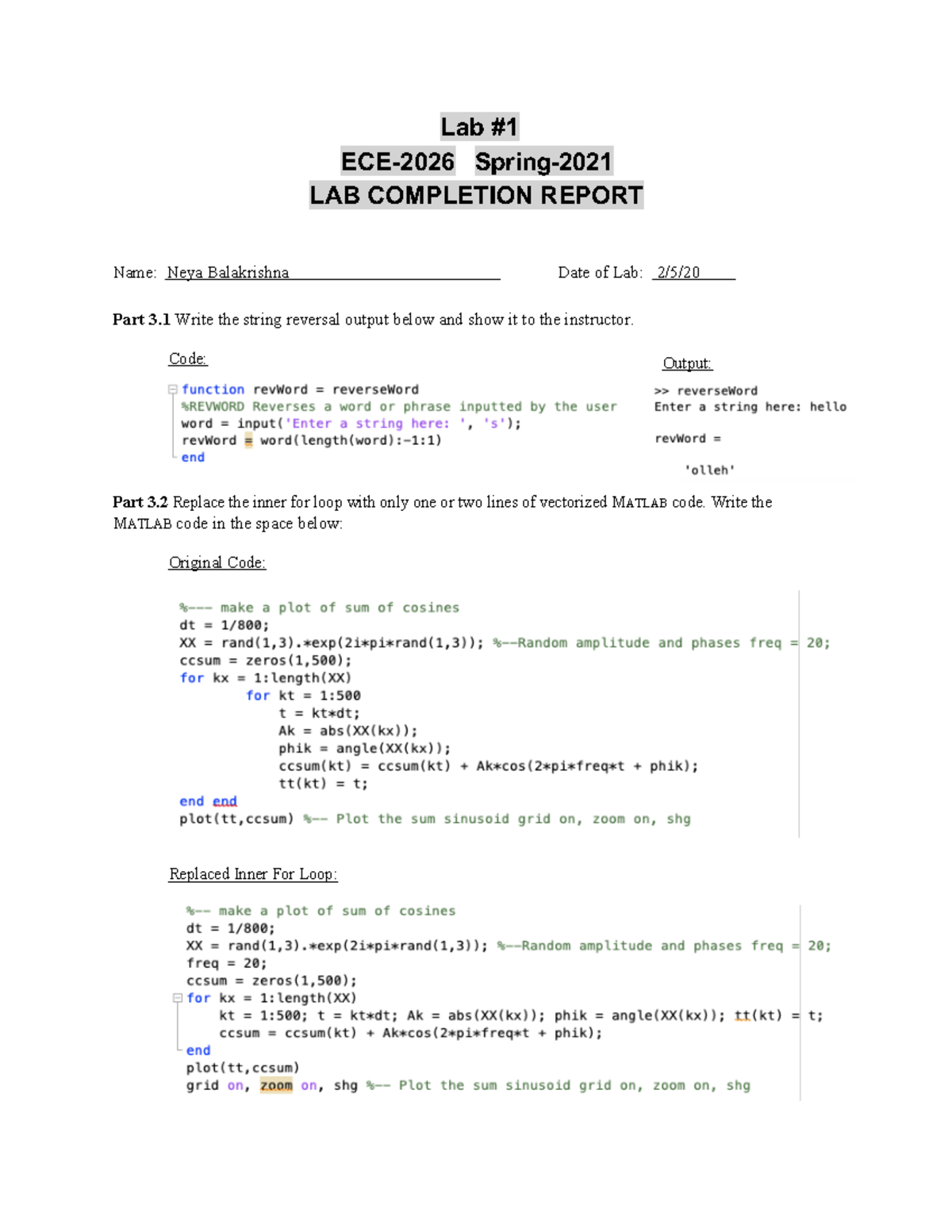 Lab #1 Report + Code - Lab ECE-2026 Spring- LAB COMPLETION REPORT Name ...