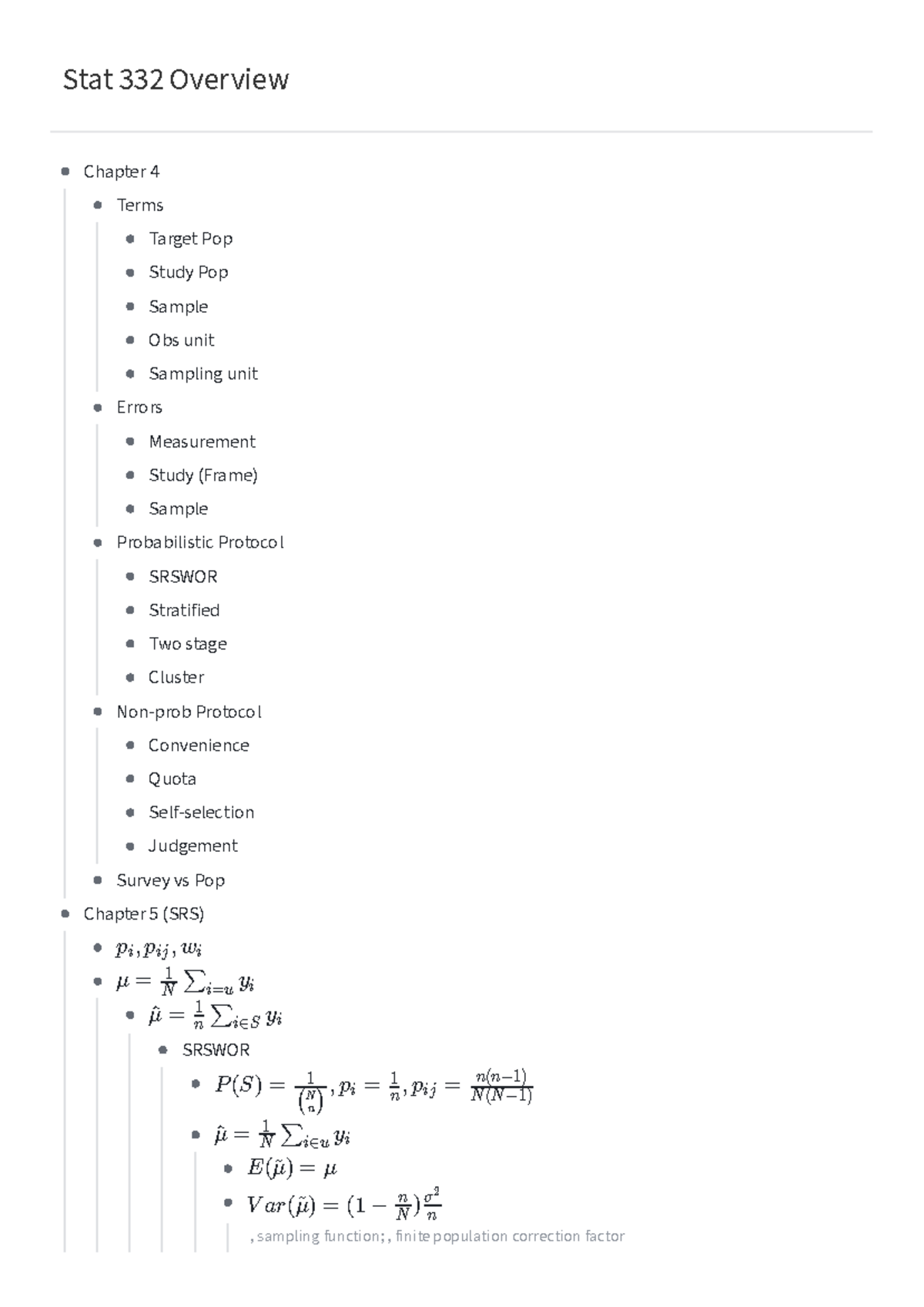 Stat 332 Overview - Stat 332 Overview Chapter 4 Terms Target Pop Study Pop Sample Obs unit ...