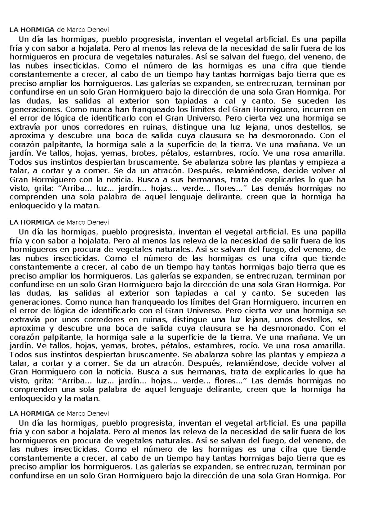 LA Hormiga de Marco Denevi - LA HORMIGA de Marco Denevi Un día las ...