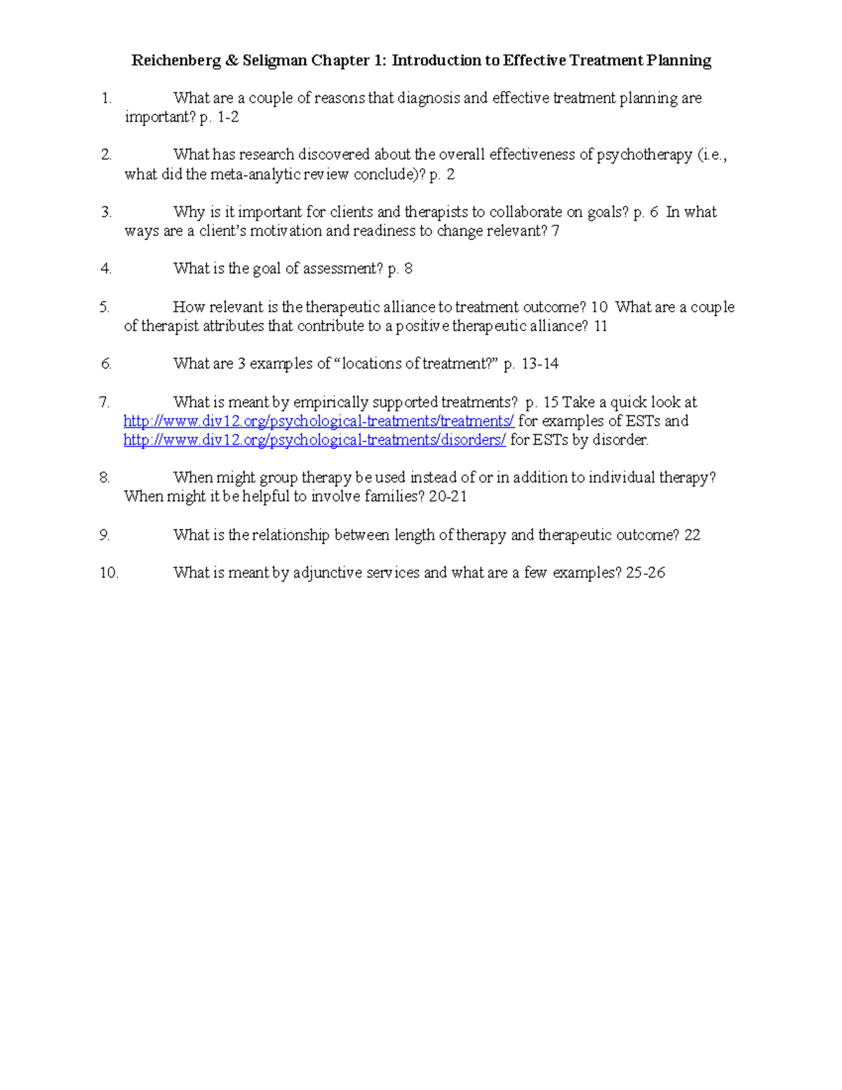 Week 1 - treatment planning eqs - Reichenberg & Seligman Chapter 1 ...