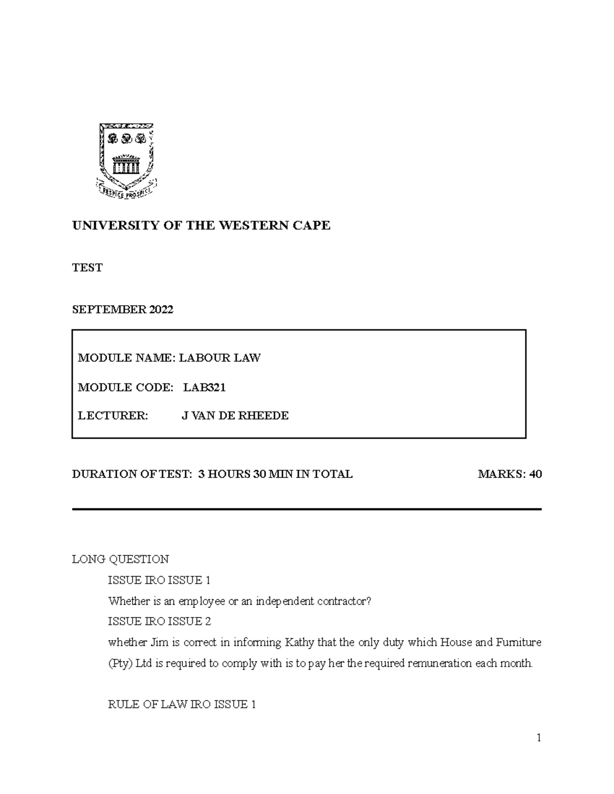 Test Labour Law September 2022 Section C 1 main test kash - UNIVERSITY ...