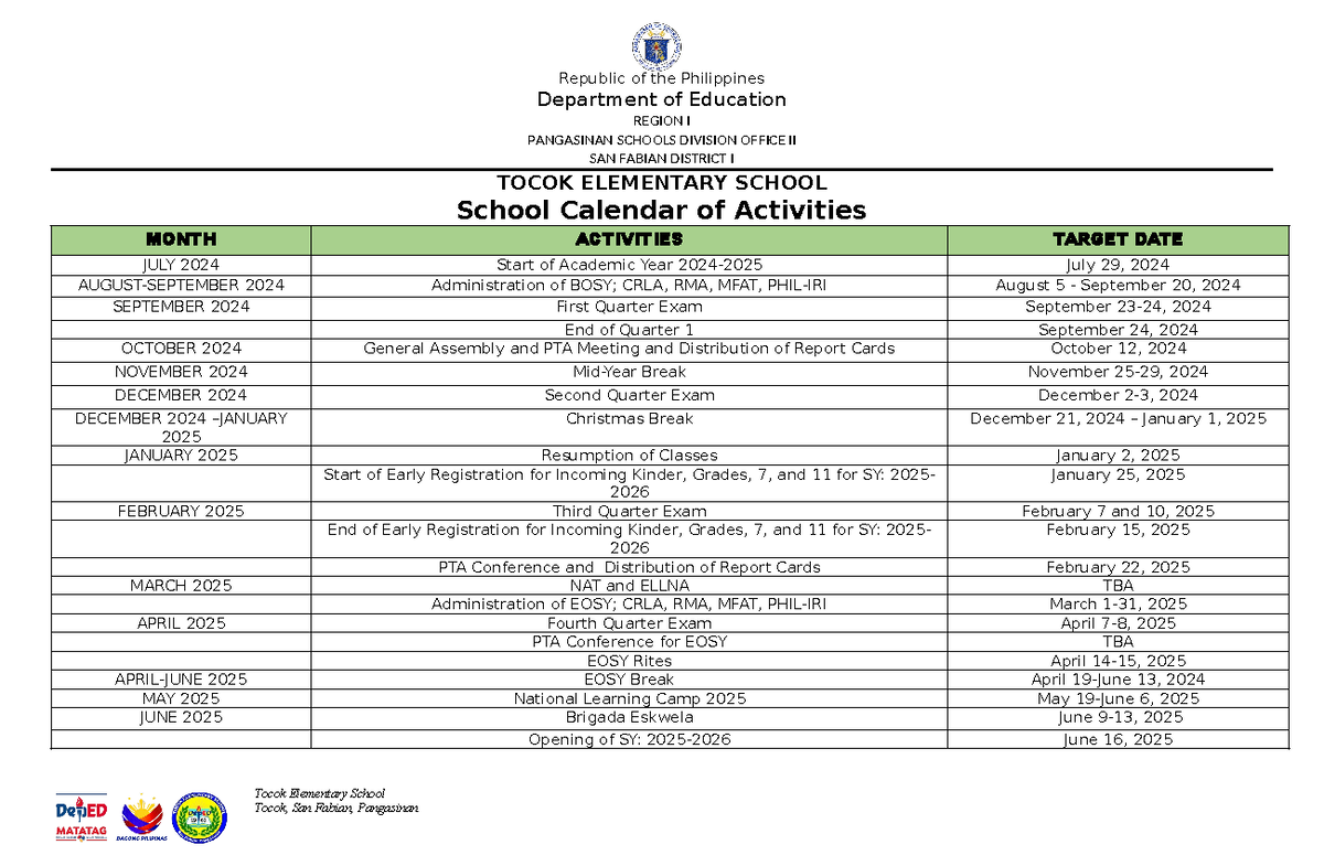 School Calendar of Activities - Republic of the Philippines Department ...