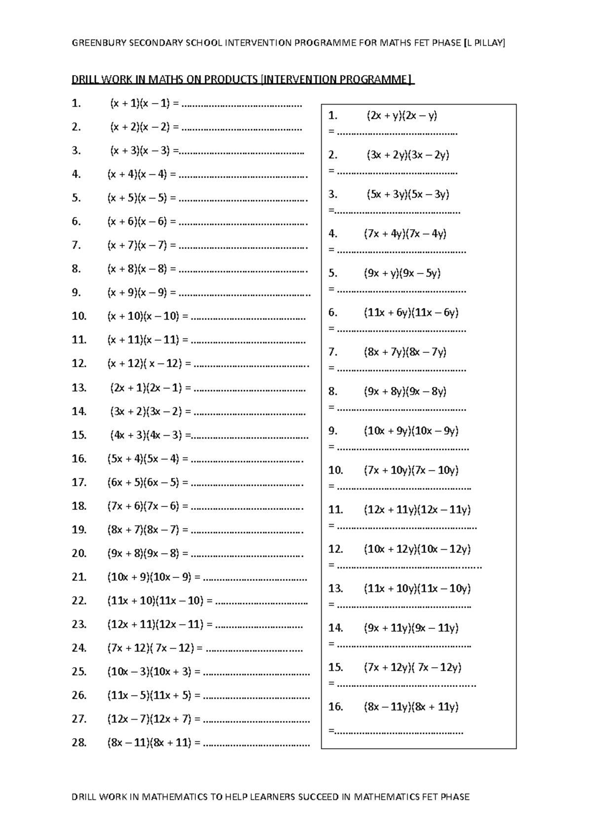 Drill WORK IN Maths ON Products backup - DRILL WORK IN MATHS ON ...