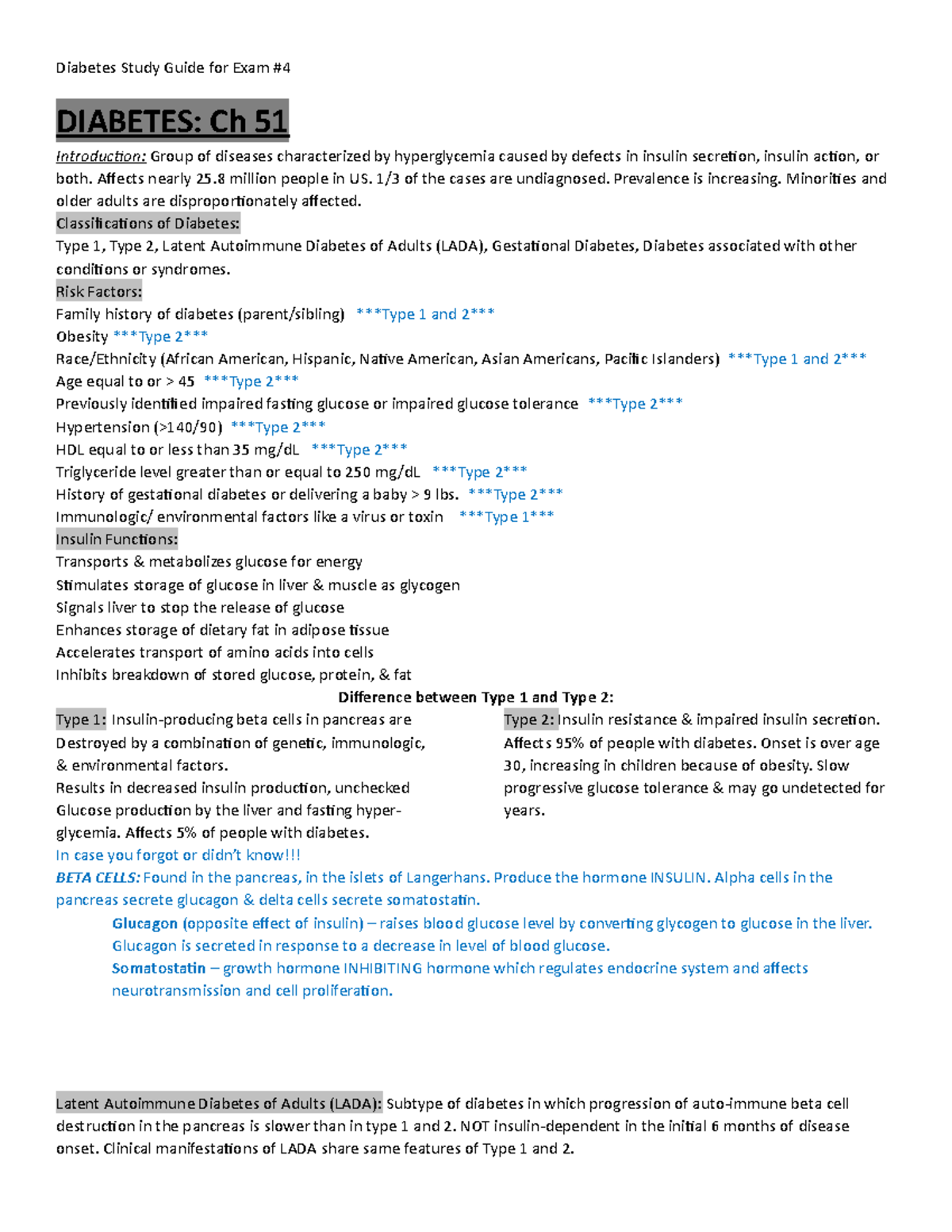 Notes - Diabetes Study Guide for Exam 4 - DIABETES: Ch 51 Introduction ...
