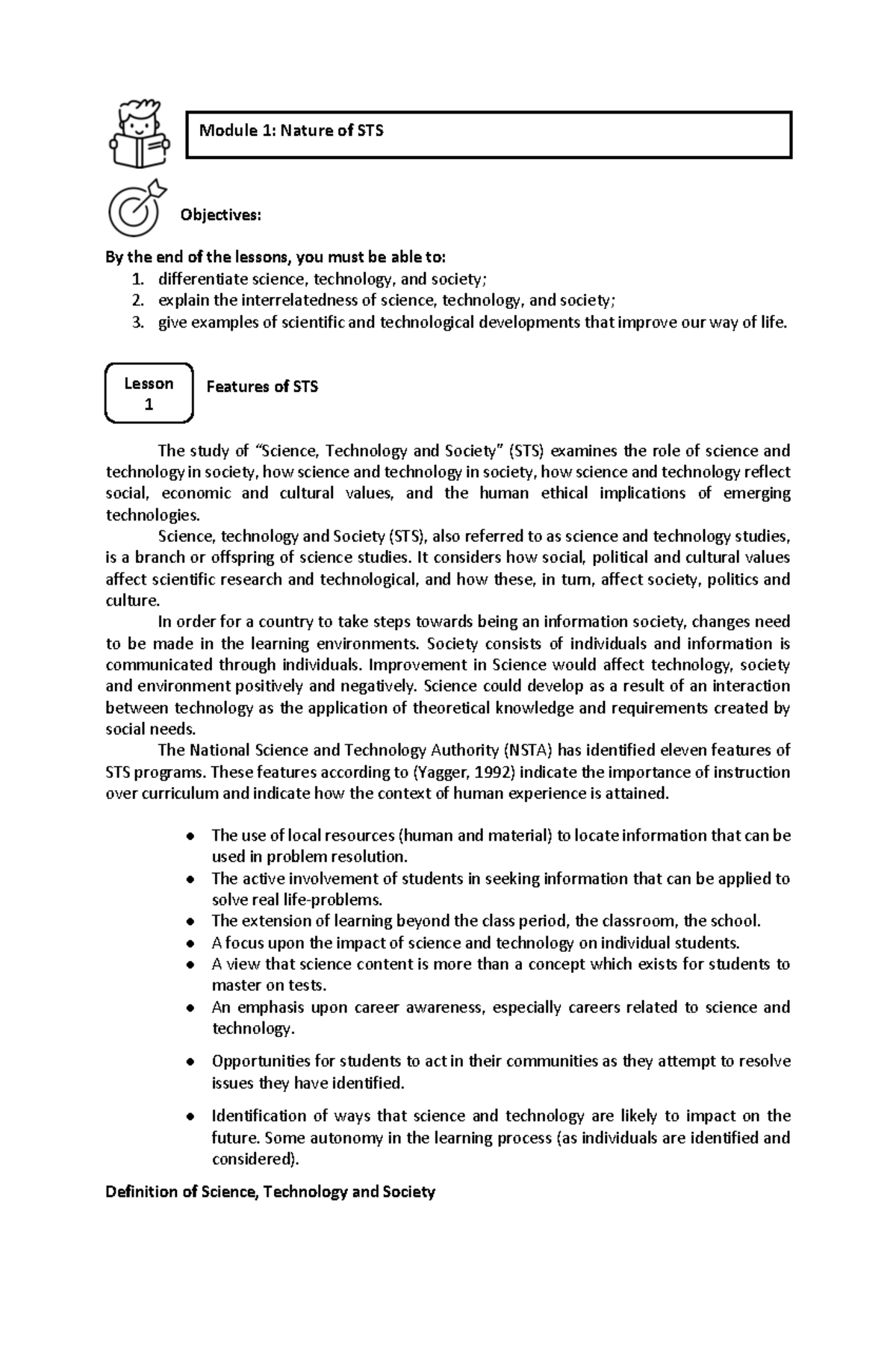 STS121-Module-1 - sts 121 - Objectives: By the end of the lessons, you ...