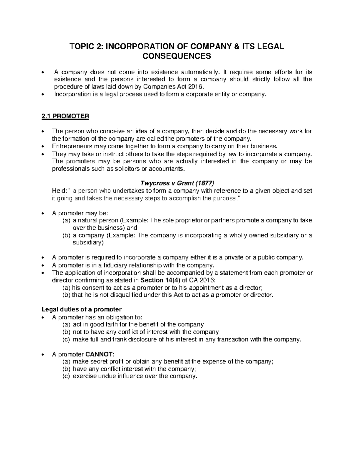 Topic 2 - Incorporation of Company and its Legal Consequences complete ...