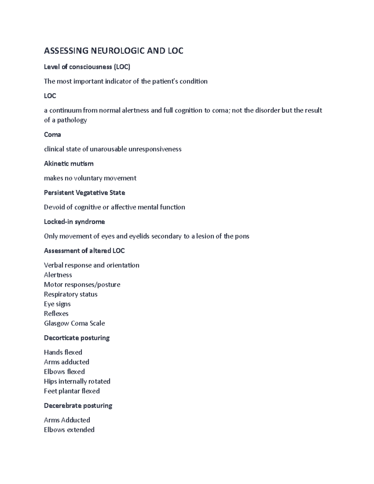 Assessing Neurologic AND LOC - ASSESSING NEUROLOGIC AND LOC Level of ...