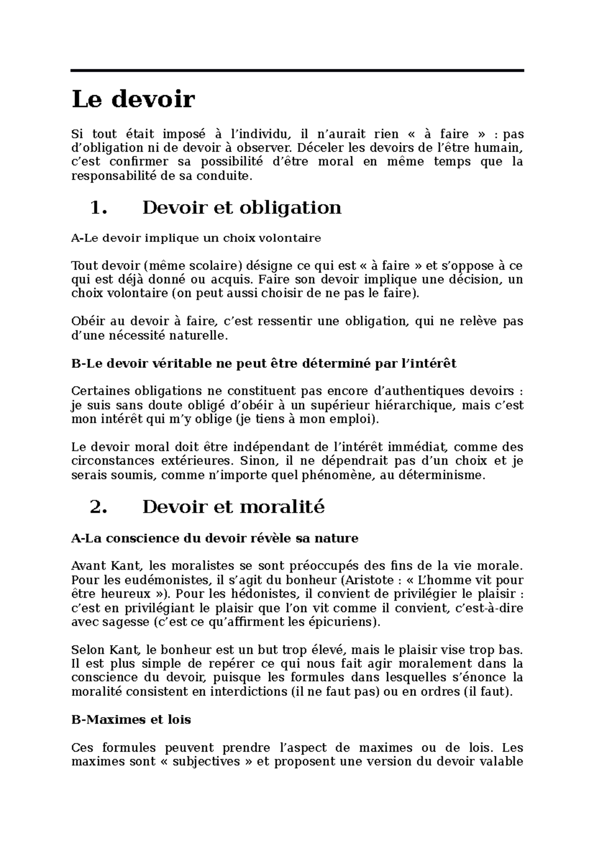 Le devoir - Le devoir Si tout était imposé à l’individu, il n’aurait ...