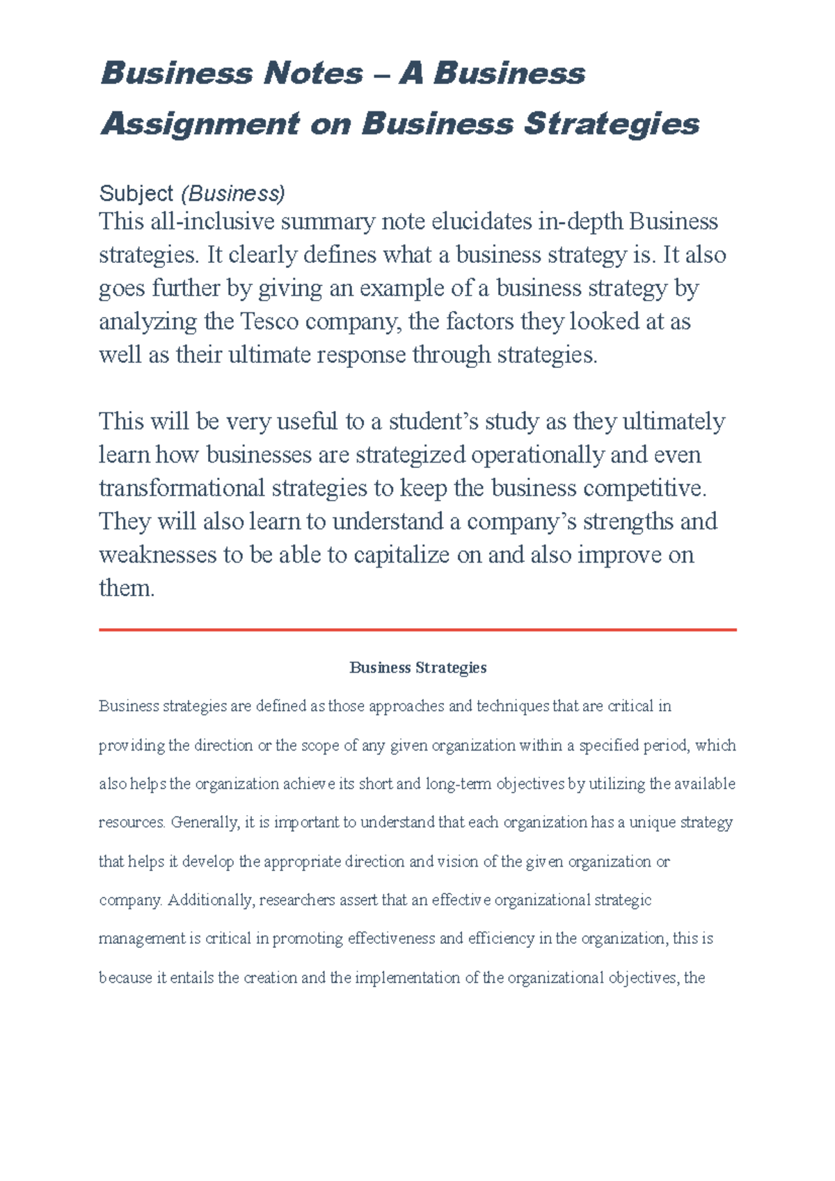 Business Strategies - Business Notes – A Business Assignment on ...