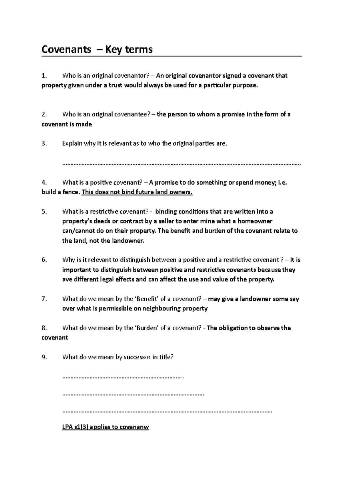 Covenants Workshop 1 - Covenants – Key terms Who is an original ...