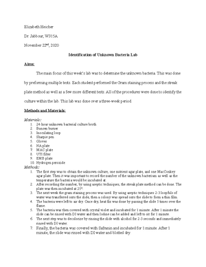 Unknown Bacteria Lab Report - W BIO-215L Identification of Unknown ...