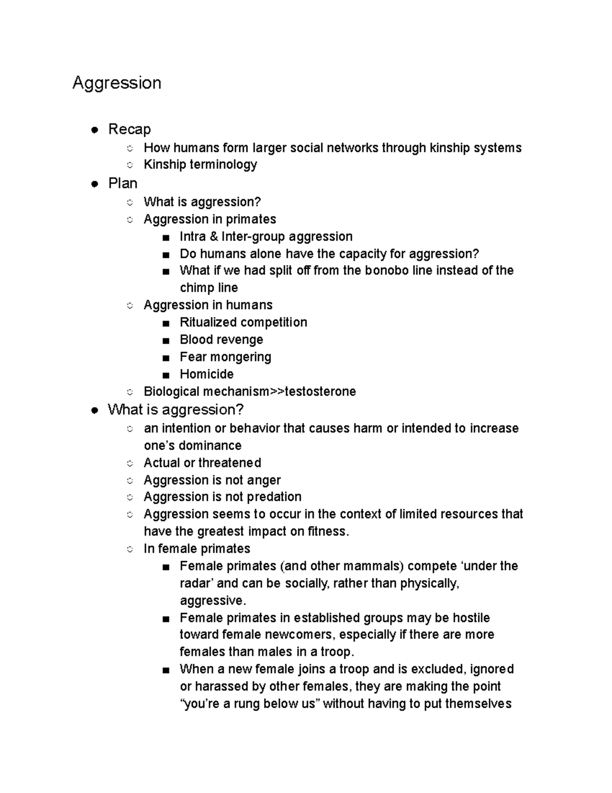 Evolution Human Nature Lecture Notes 24 - Aggression Recap How humans ...