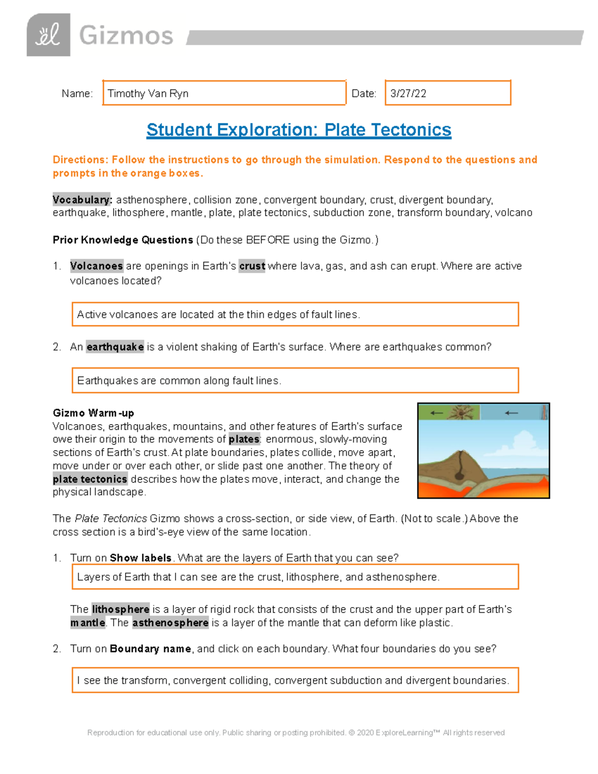 Copy of Plate Tectonics gismos - Name: Timothy Van Ryn Date: 3/27 ...