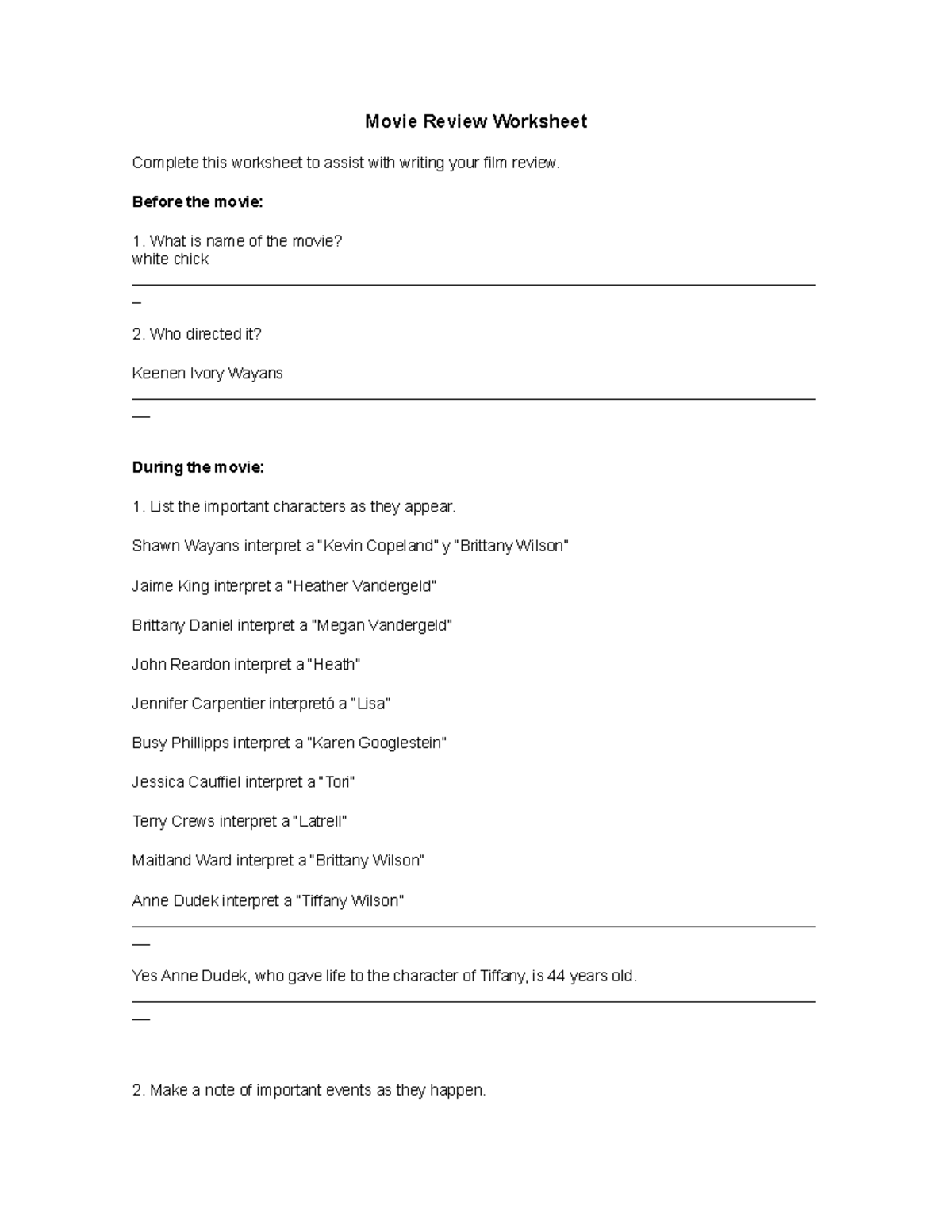 Movie Review Worksheet - Movie Review Worksheet Complete this worksheet ...