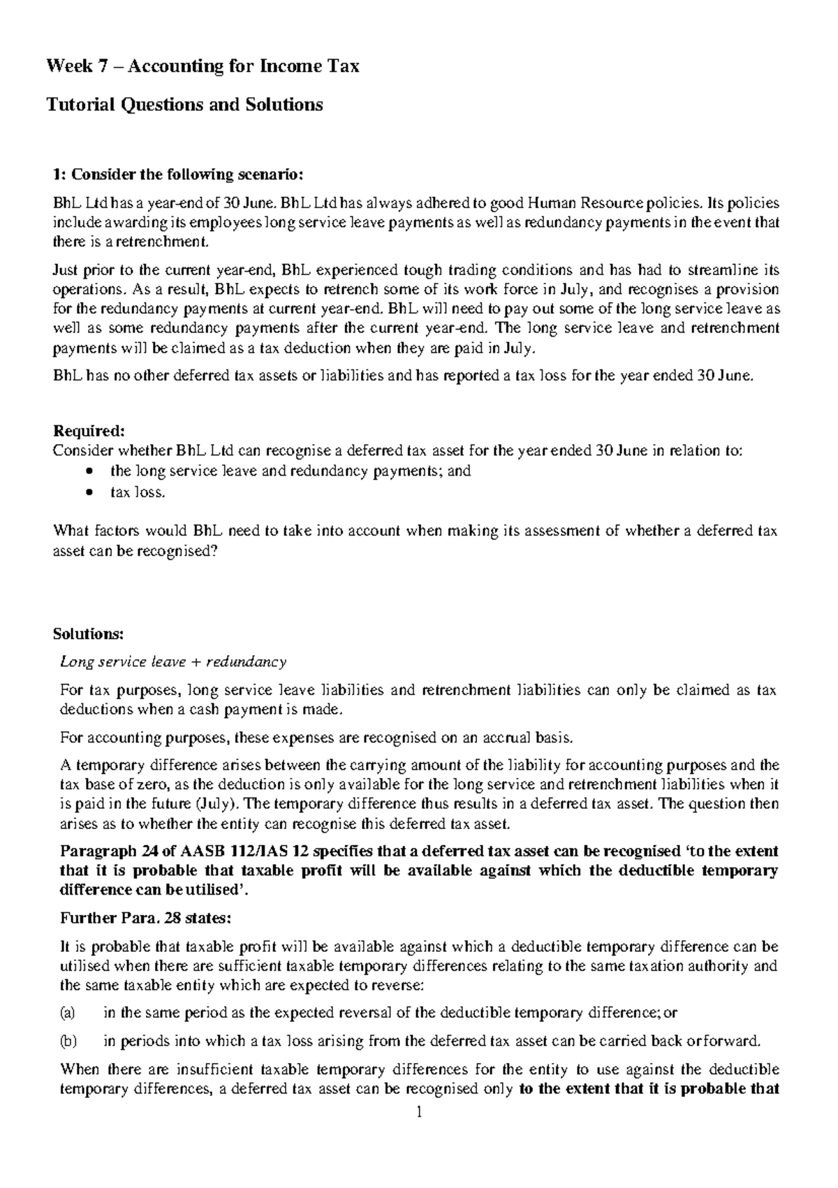 Week 7 - Tutorial Questions Solutions-2 - Week 7 – Accounting for Income Tax Tutorial Questions ...
