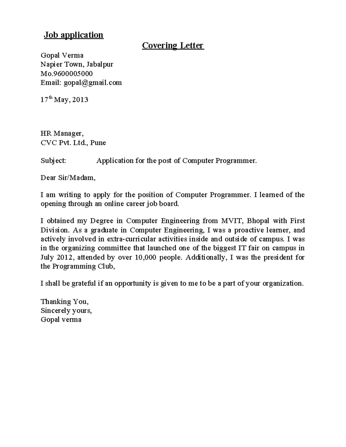 Resume CV - Notes - Job application Covering Letter Gopal Verma Napier ...