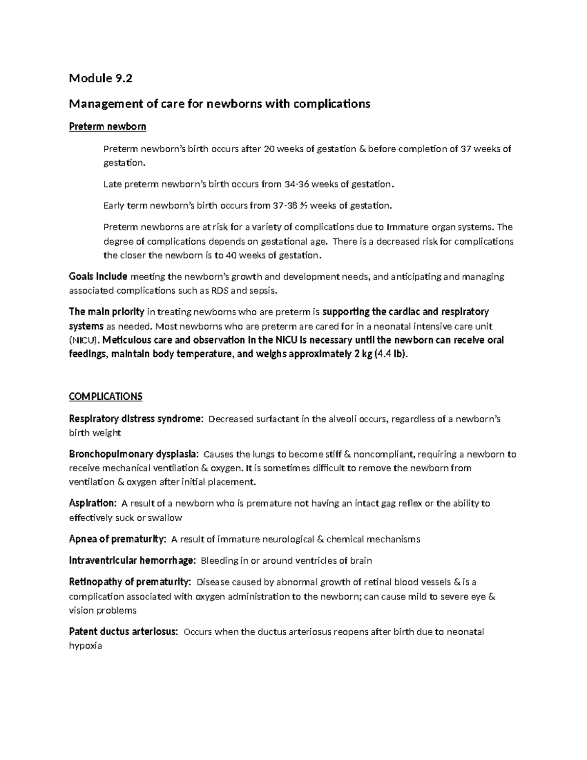 Module 9.2 -OB - study guide - Module 9. Management of care for ...