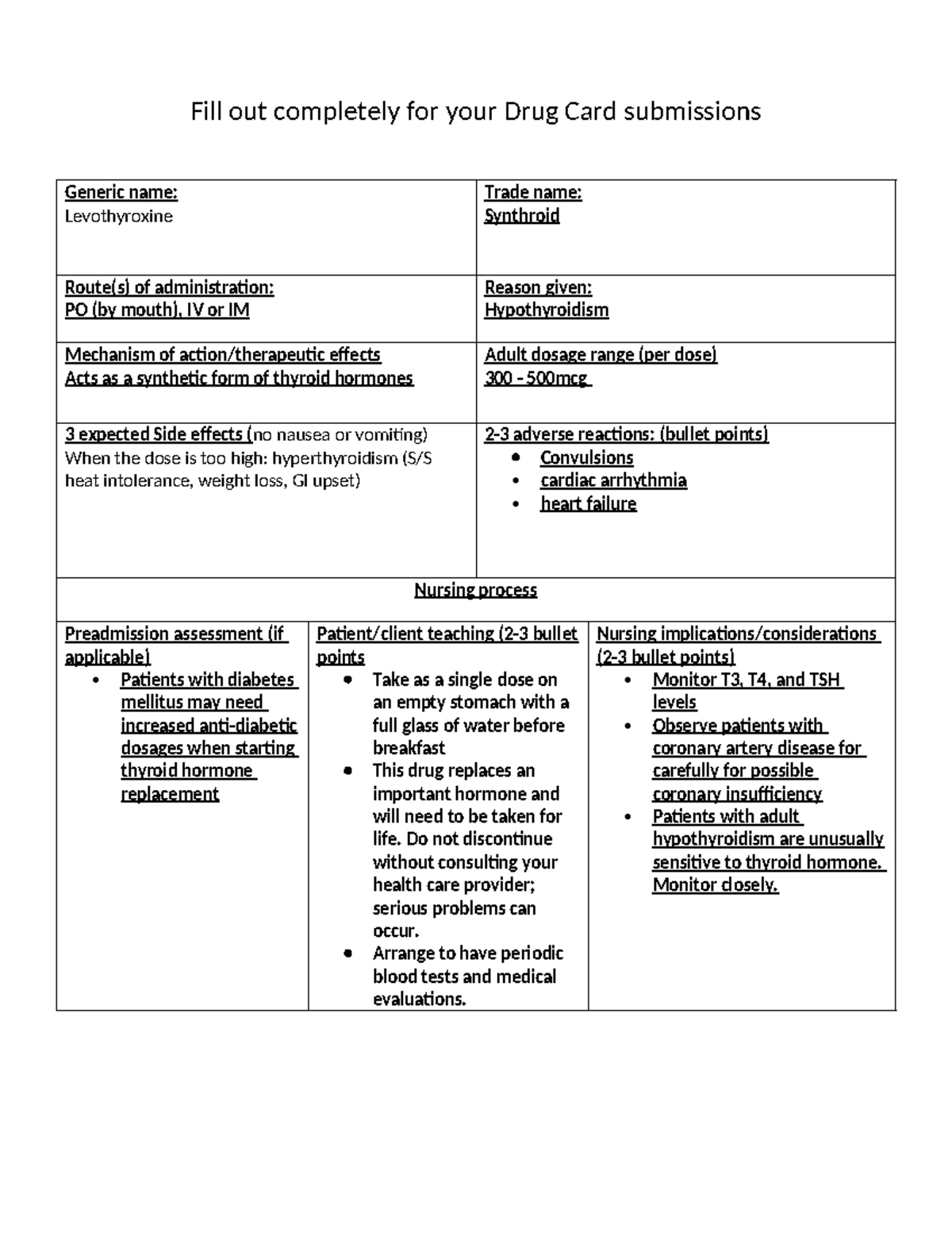 Drug Card submissions (Levothyroxine) - Fill out completely for your ...