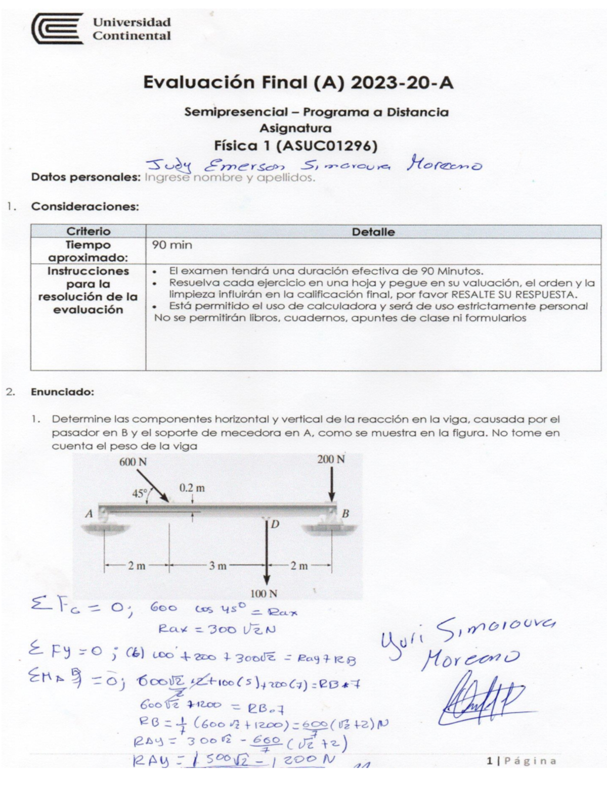 Examen Final Fisca DE JUDY Emerson Simaraura Moreano - fisica 1 - Studocu