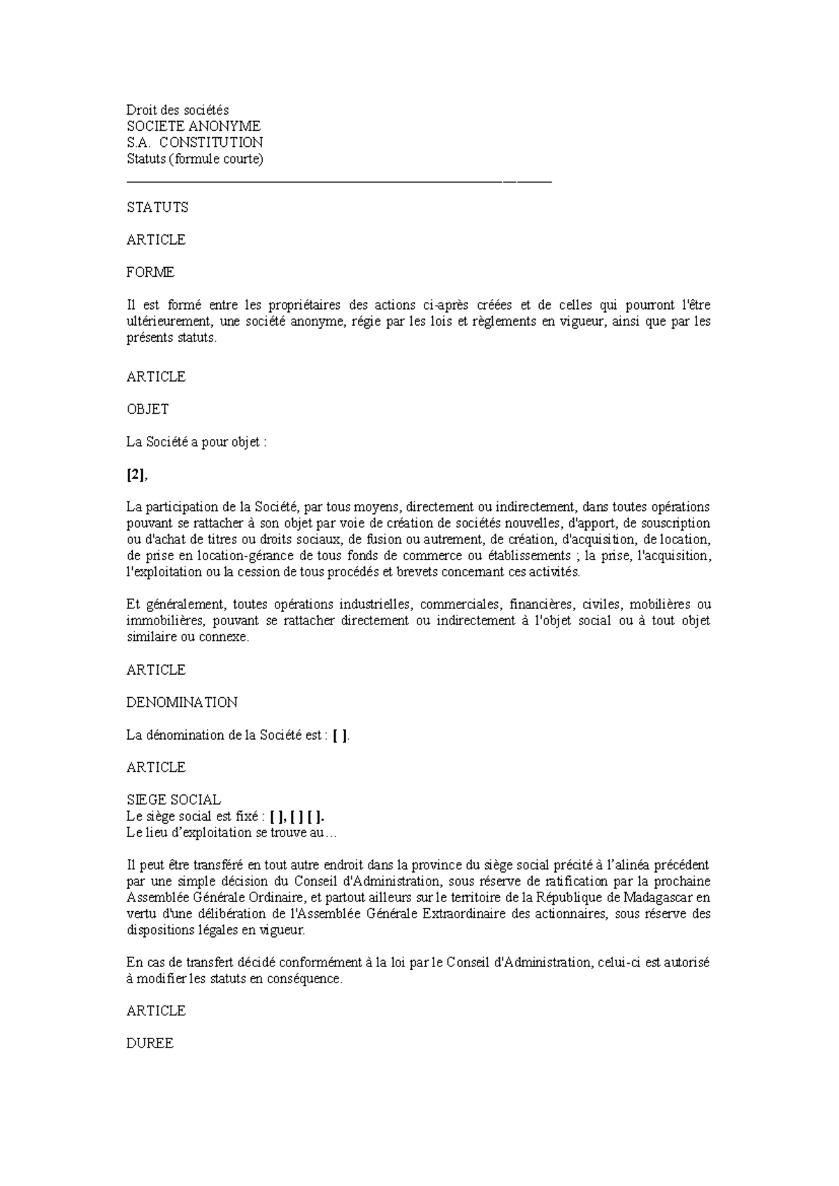 Statut SA - toutes les lecon - Droit des sociétés SOCIETE ANONYME S ...