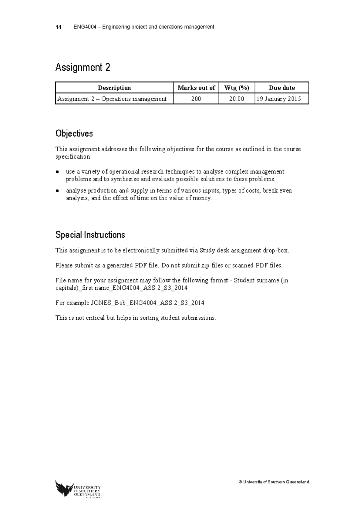 ENG4004 Assignment 2 2014 - 14 ENG4004 – Engineering project and operations management ...