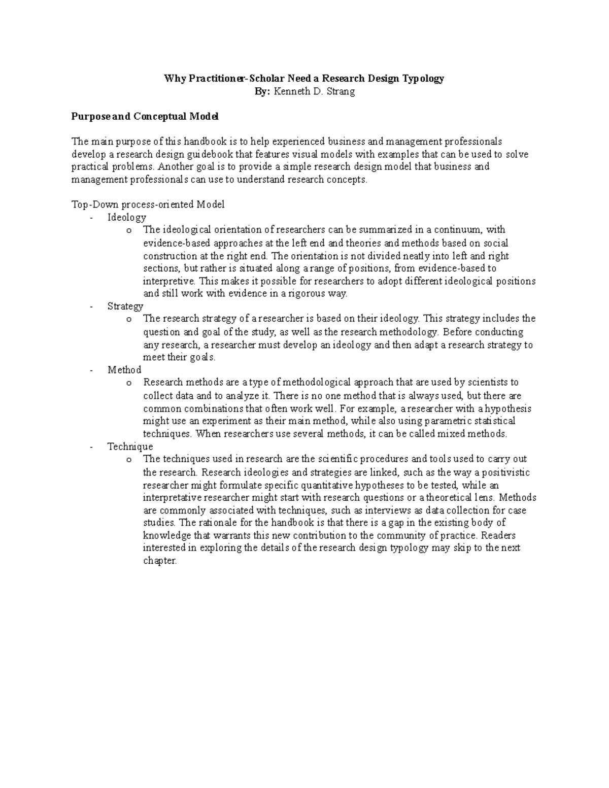 Research Design Typology - Strang Purpose and Conceptual Model The main ...