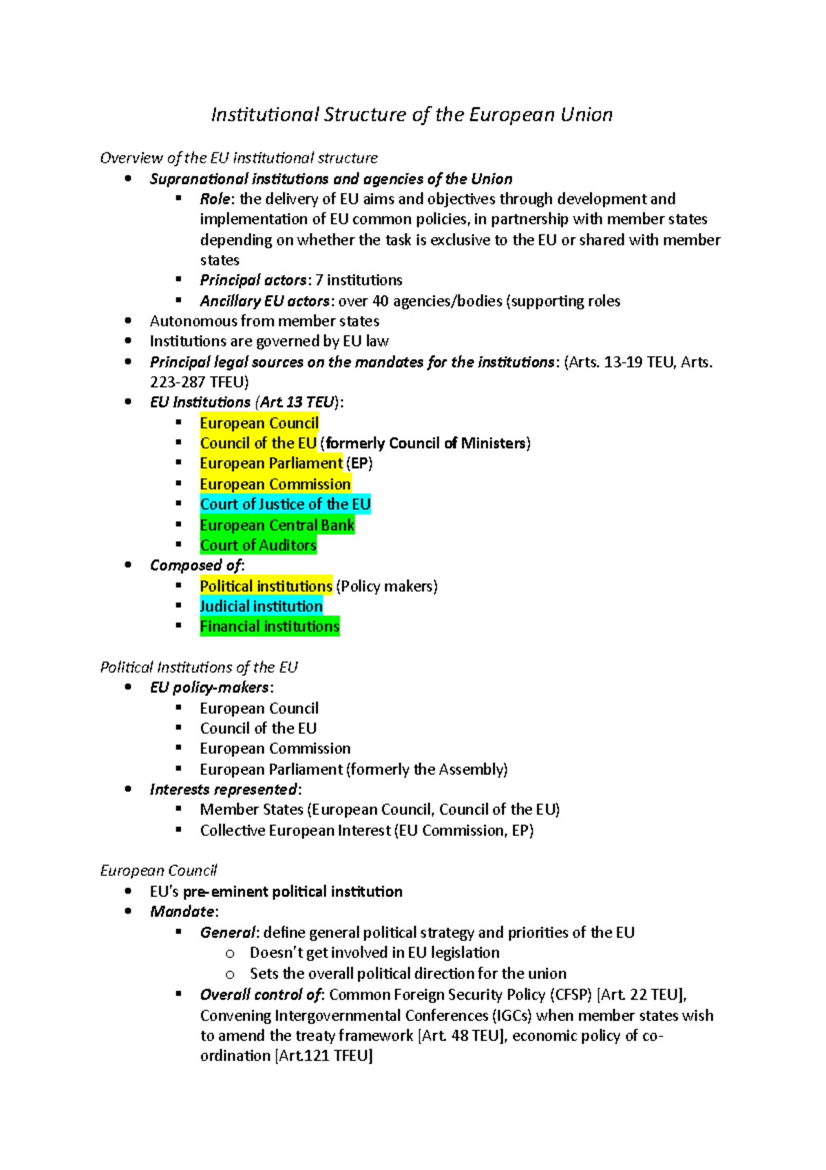 Institutional Structure of the European Union - 13-19 TEU, Arts. 223 ...