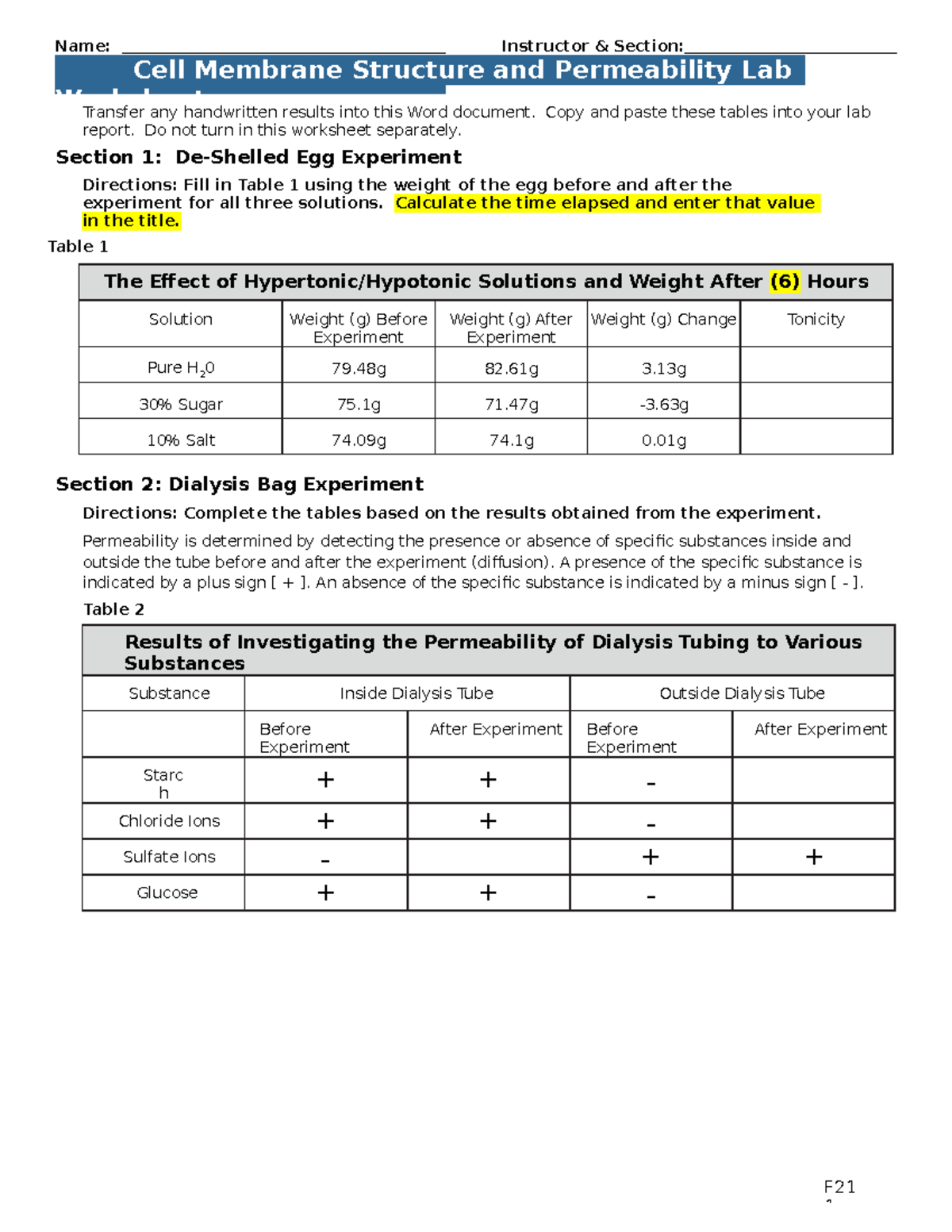 4 Cell Membrane worksheet F21 - Scientific Method Lab Name: Instructor ...