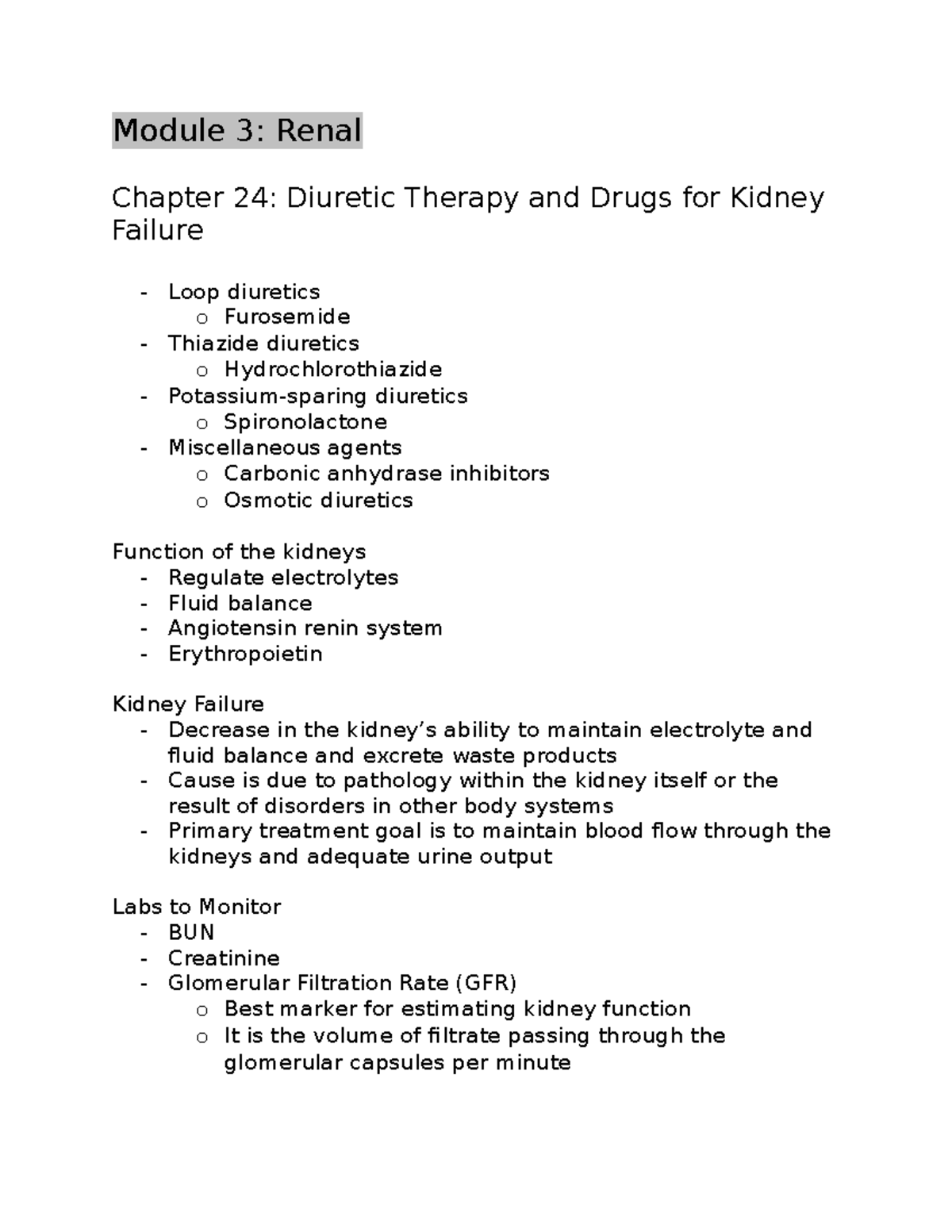 Module 3 - Chapter 24 - Lecture notes - FA Davis - Module 3: Renal ...