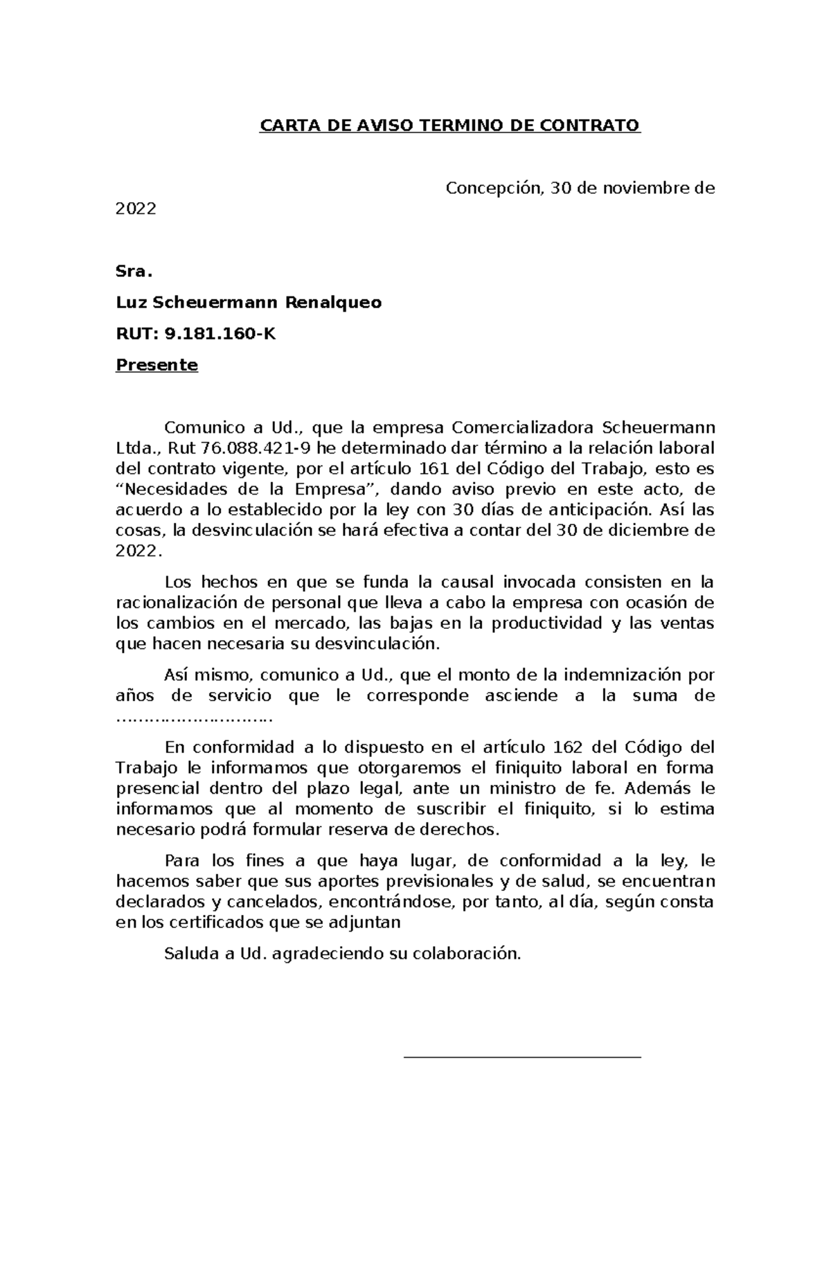Modelo De Carta De Aviso De Termino De Contrato De Trabajo Financial ...