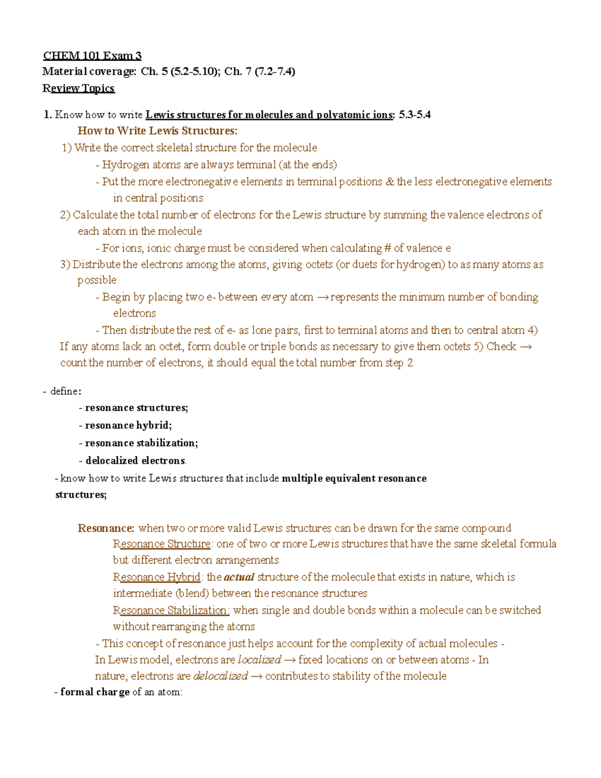 CHEM 101 Exam 3 Review Sheets F20 - CHEM 101 Exam 3 Material coverage: Ch. 5 (5.2-5); Ch. 7 (7.2 ...