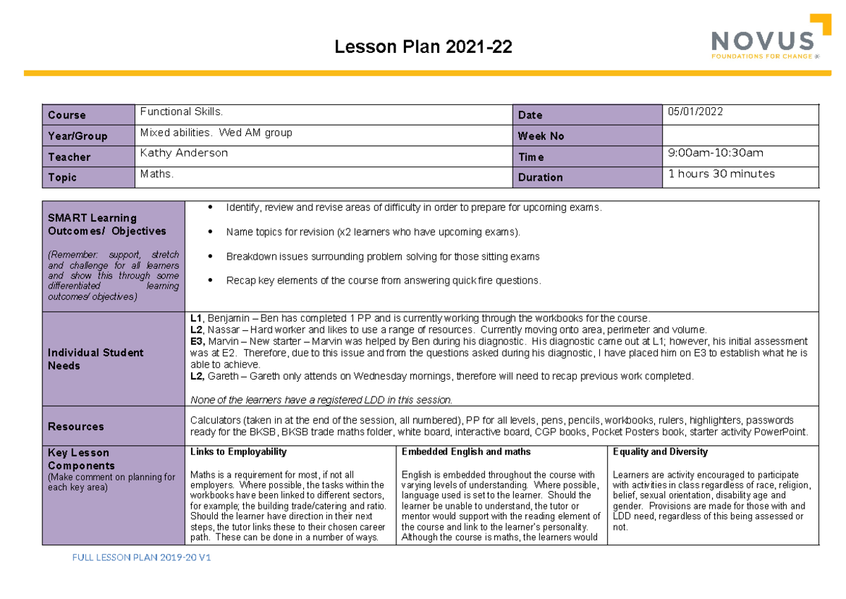 2021-22 Lesson Plan 050122 WED AM - Course Functional Skills. Date 05 ...
