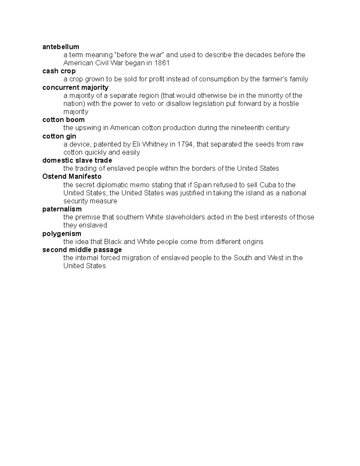 US History Chapter 12 Vocab - antebellum a term meaning “before the war ...
