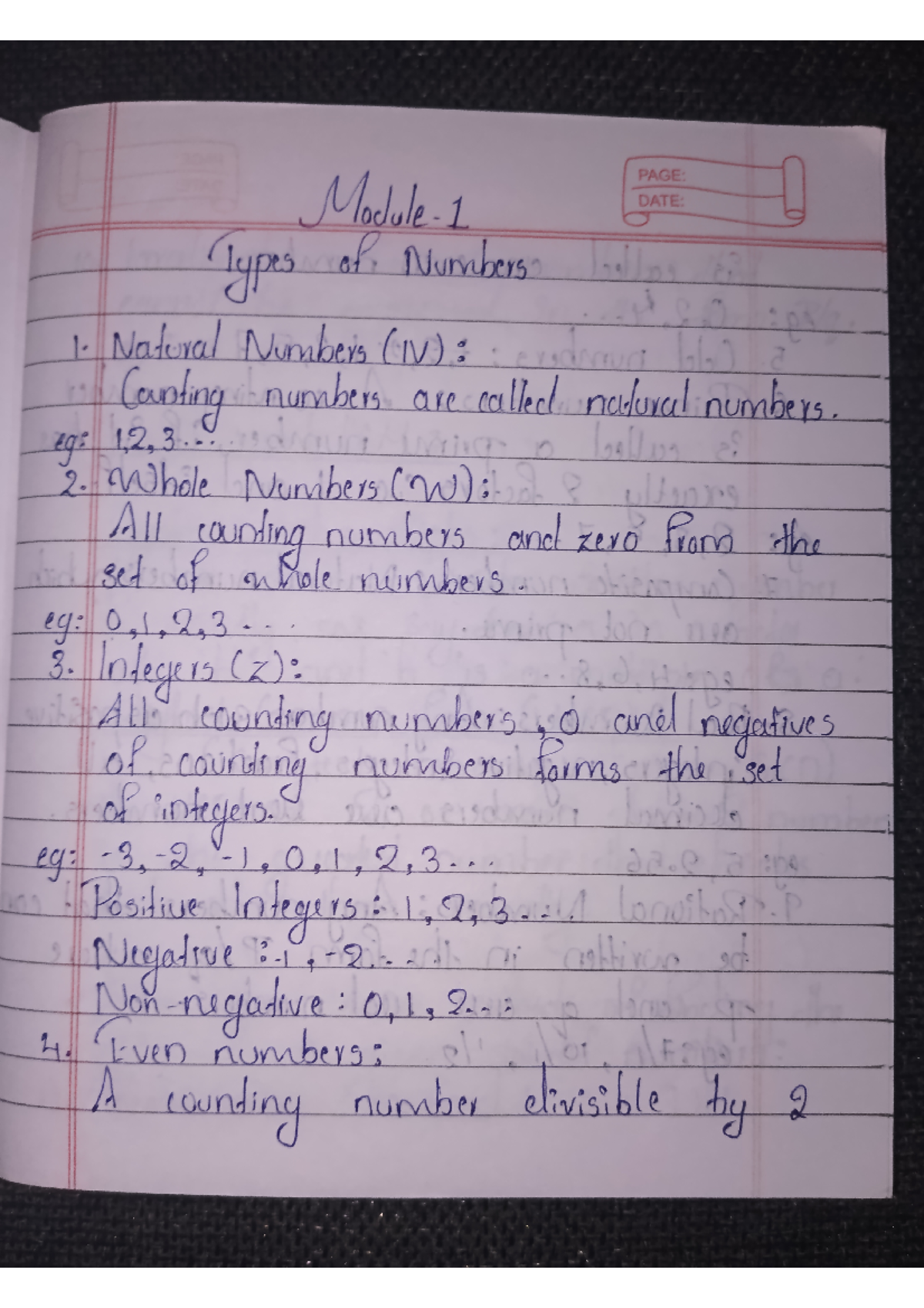 Maths module 1 - PAGE: 1 DATE: Types of Numbers 1. Natural Numbers (IV ...