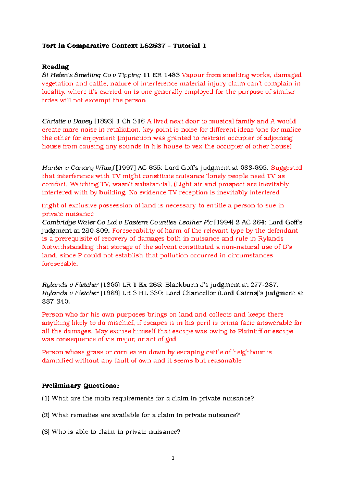 Tort LS2537 Tutorial 1 - Tort in Comparative Context LS2537 – Tutorial 1 Reading St Helen’s ...