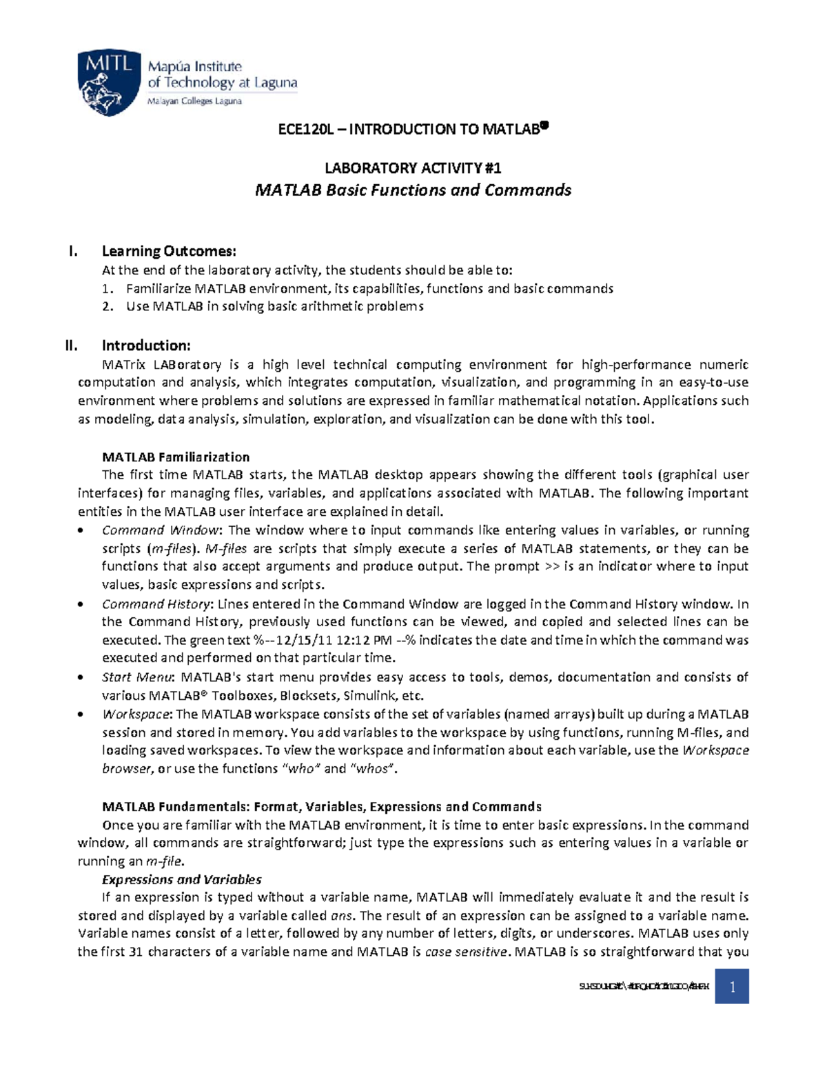 ECE120L - Activity 1 - ECE120-L - ECE120L – INTRODUCTION TO MATLAB LABORATORY ACTIVITY #1 - Studocu