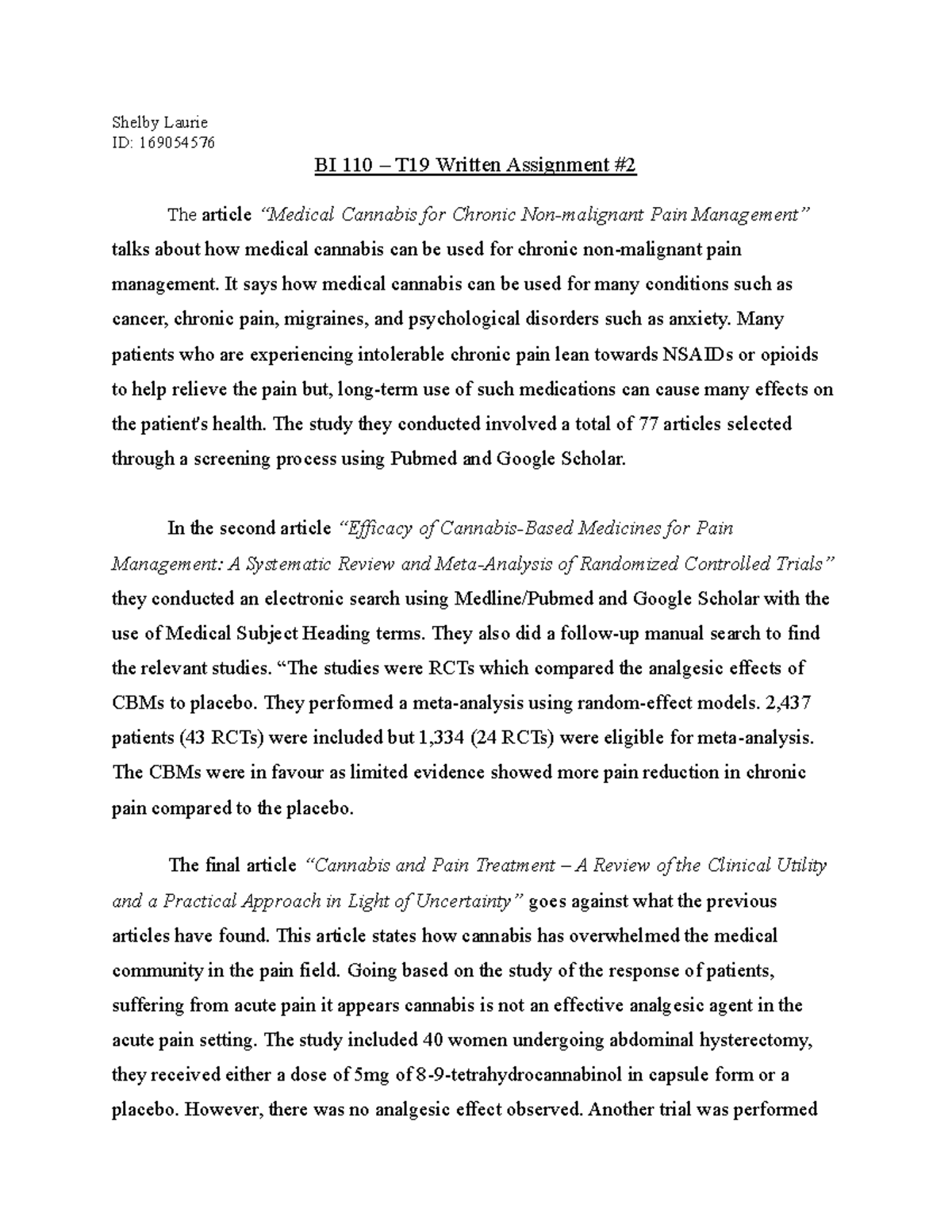 BI 110 Written Assignment #2 - Shelby Laurie ID: 169054576 BI 110 – T19 ...