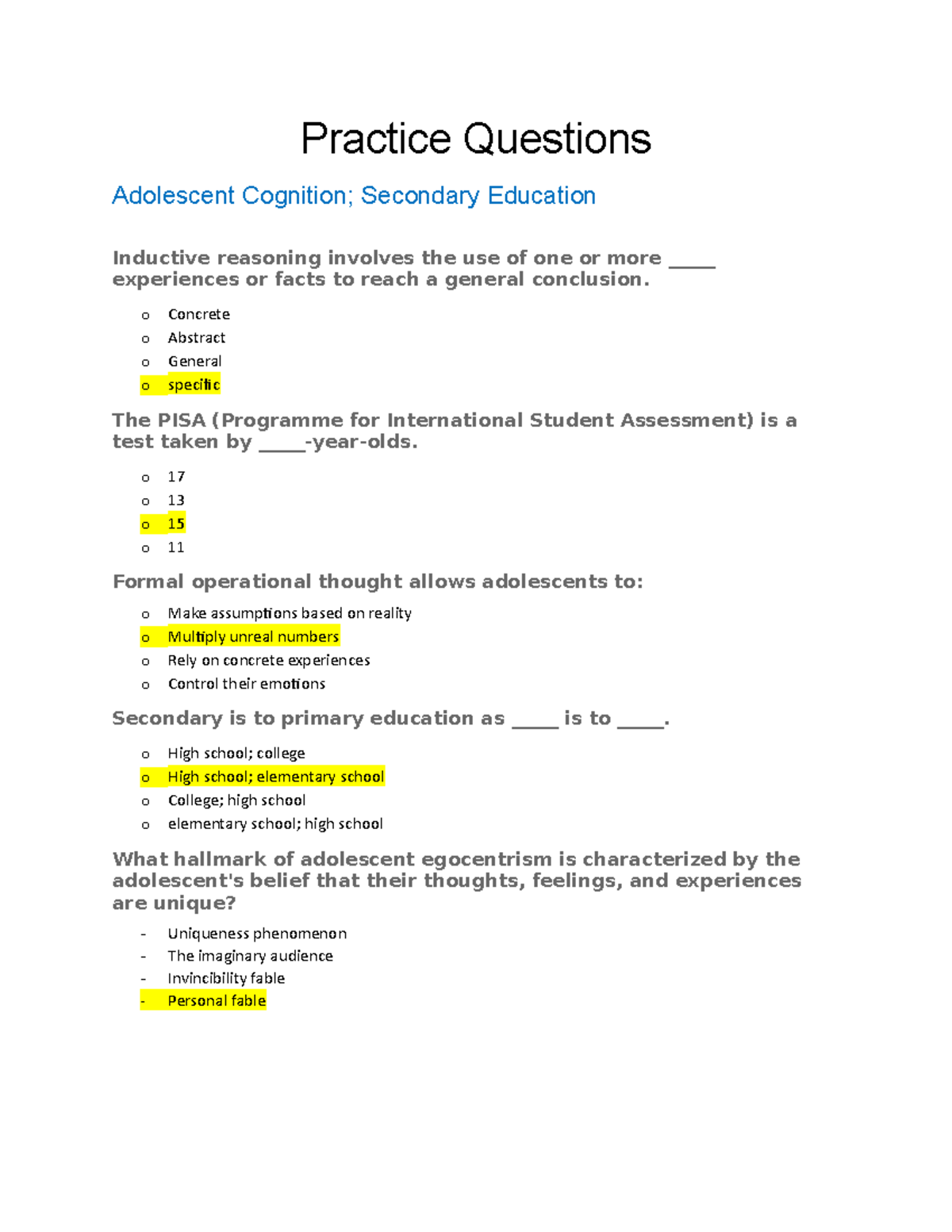 Adolescent Cognition; Secondary Education - Practice Questions ...
