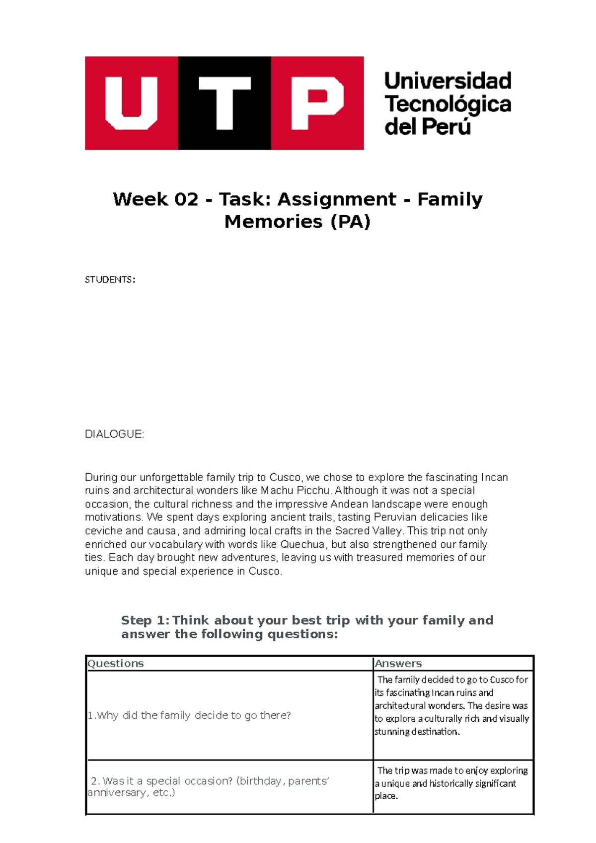 Week 02 - TAREA - Week 02 - Task: Assignment - Family Memories (PA) STUDENTS: DIALOGUE: During ...