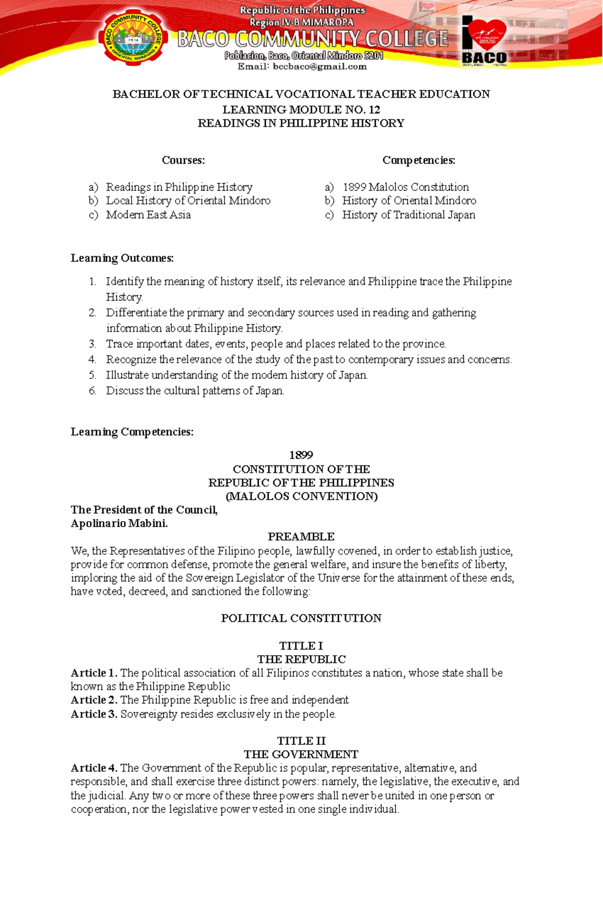 Module 12 readings in philippine history Btvted - BACHELOR OF TECHNICAL ...