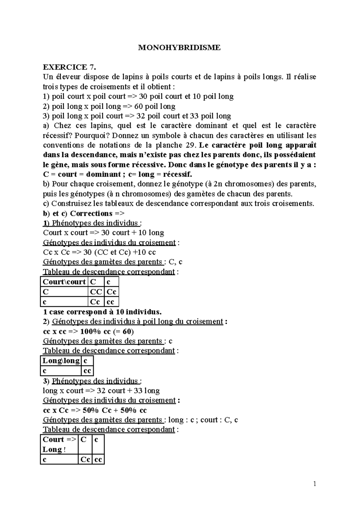 Corrigeexos Lois Mendel CEL - MONOHYBRIDISME EXERCICE 7. Un éleveur ...