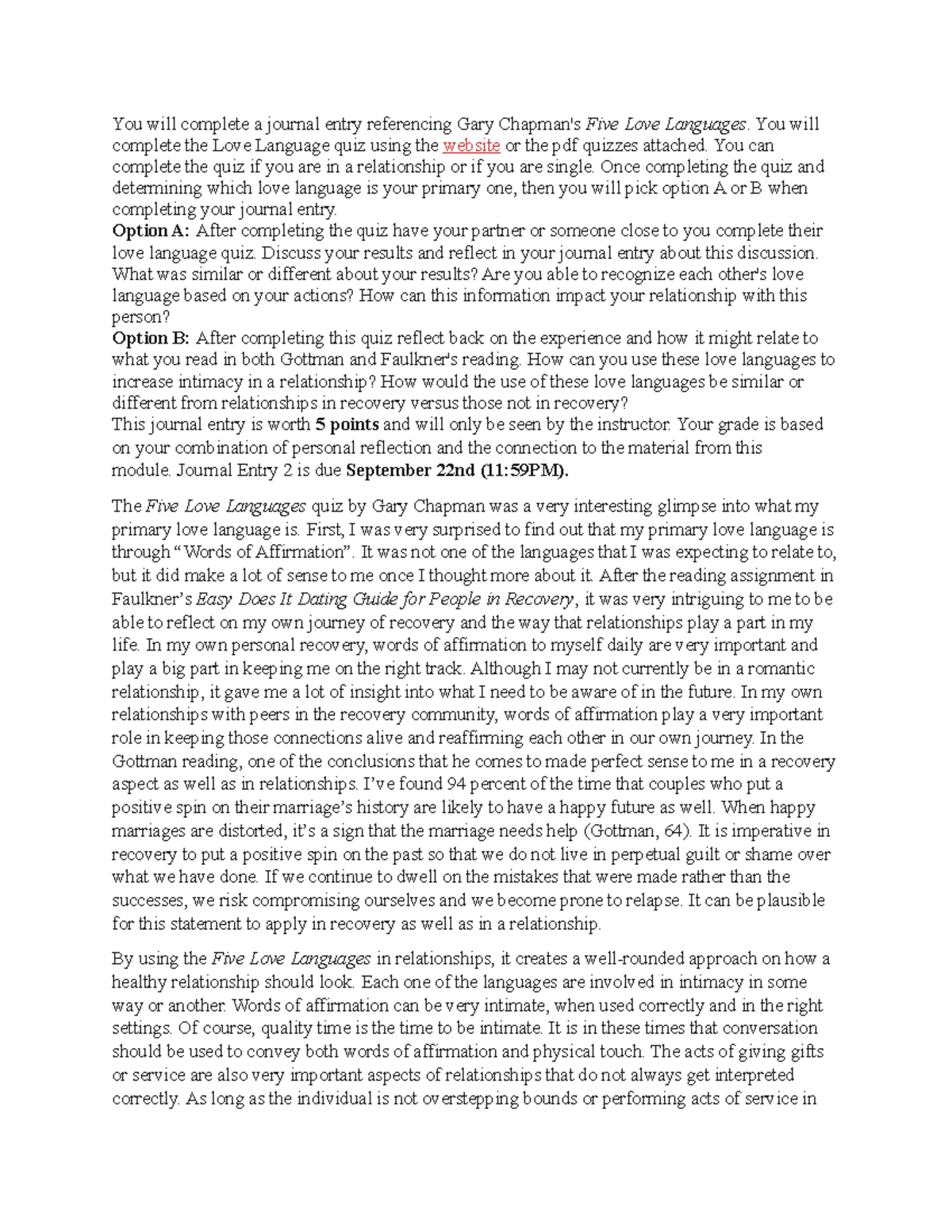 TTU ADRS 3329 Gary Chapman's Five Love Languages Journal Entry - You ...