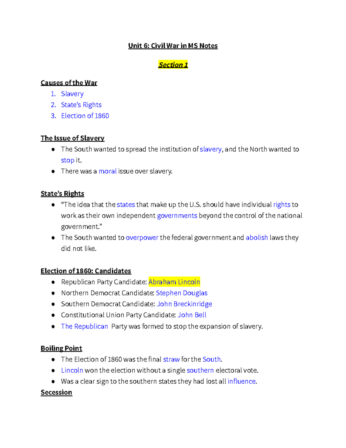 Unit 6 Civil War in MS Notes - Unit 6: Civil War in MS Notes Section 1 ...
