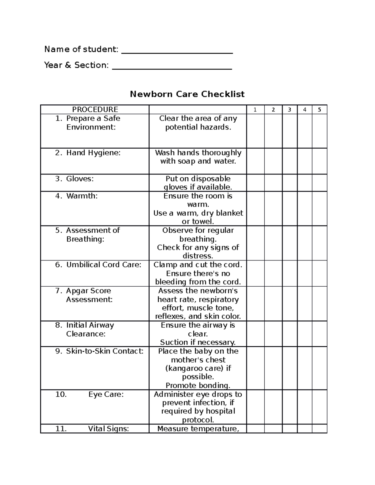 NEW-BORN- Checklist - realiable - Name of student ...