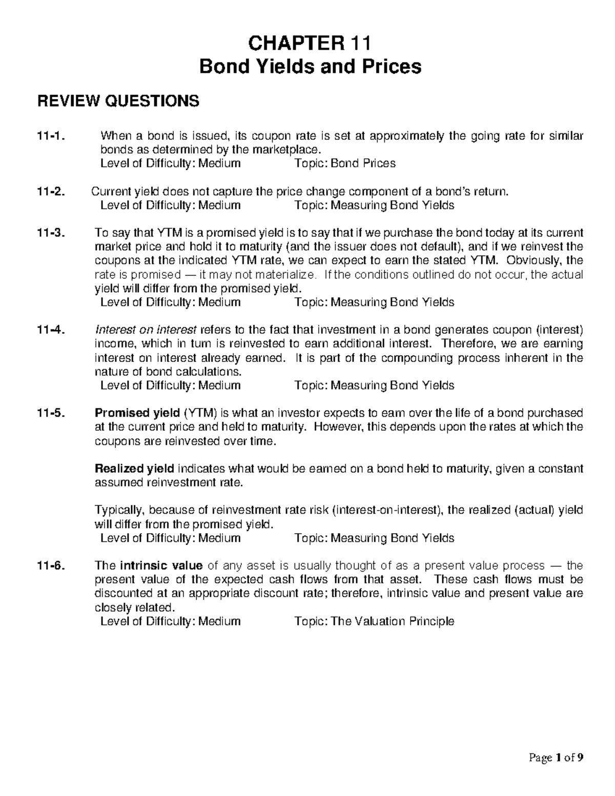Chapter 11 - Review Questions - Solutions - CHAPTER 11 Bond Yields and ...
